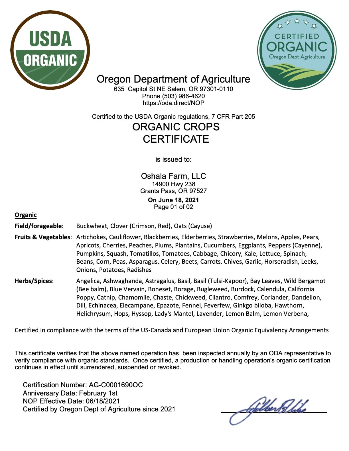 Certifications - Oshala Farm