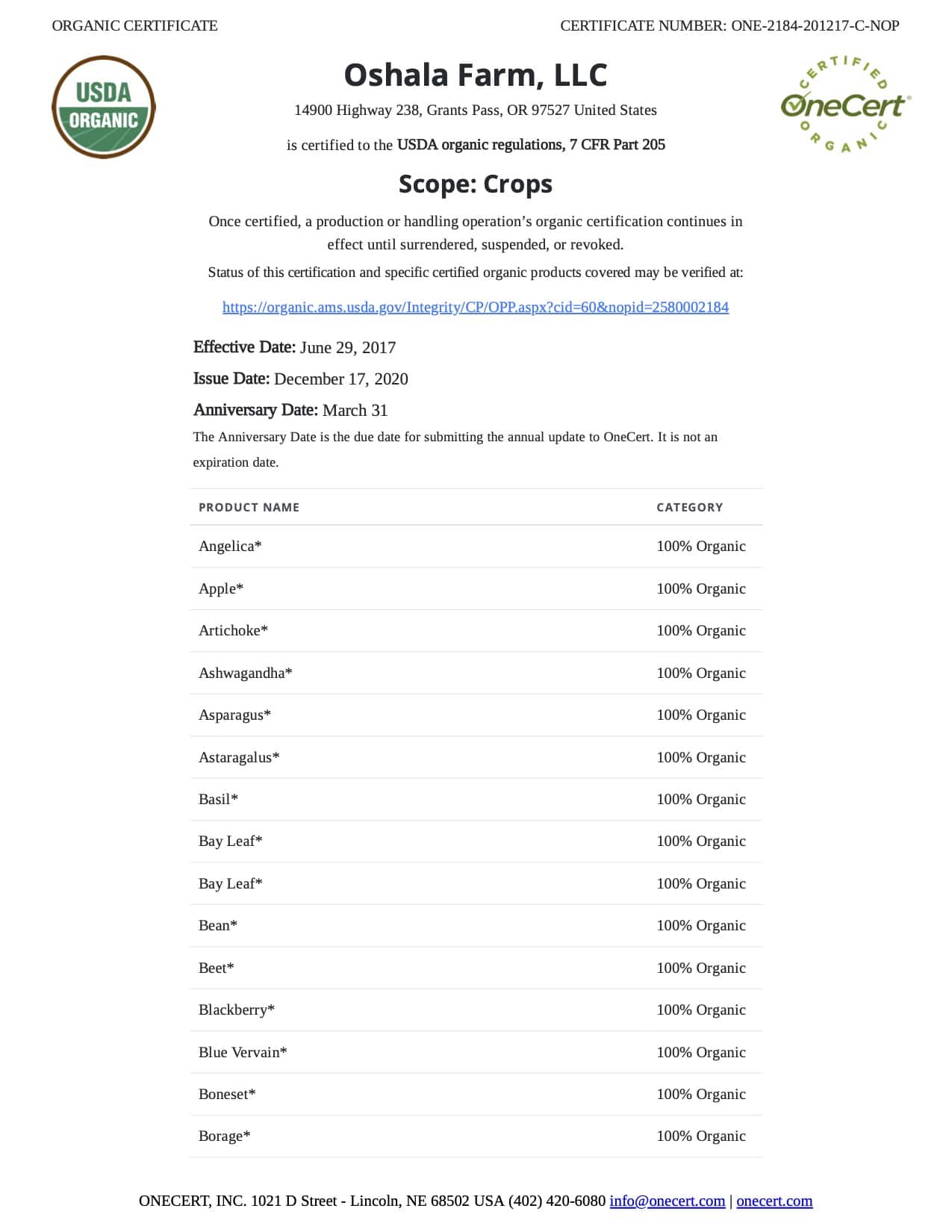 Certifications - Oshala Farm