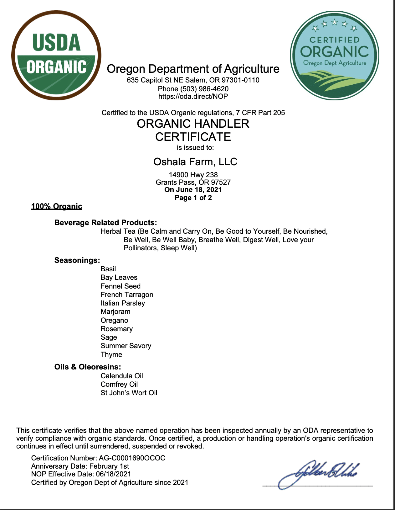Certifications - Oshala Farm